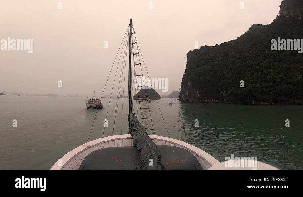 POV GoPro time lapse point of view shot landscape Ha Long Bay Ship boat ...