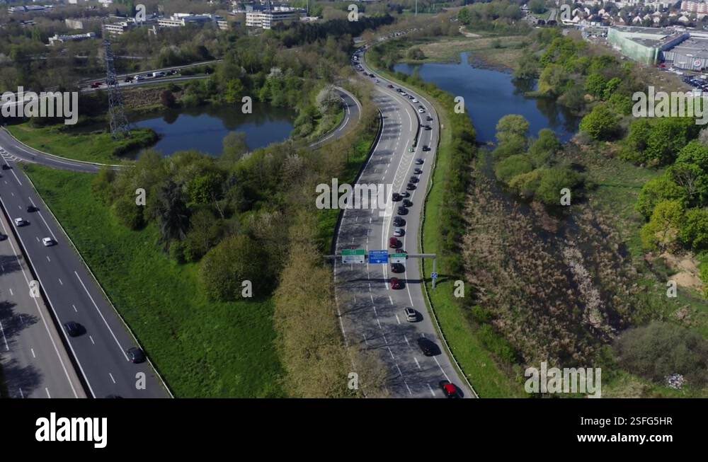 Traffic Jam and Rush Hour Time. Busy road junction view from above ...