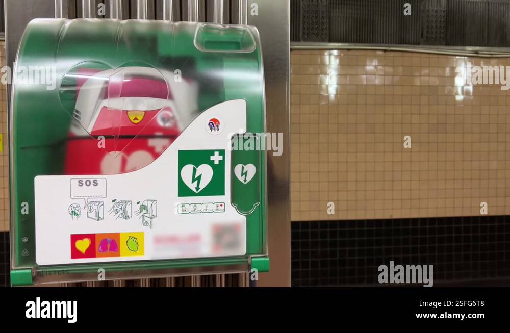 Automated external defibrillator (AED cardiac defibrillator box) at the ...