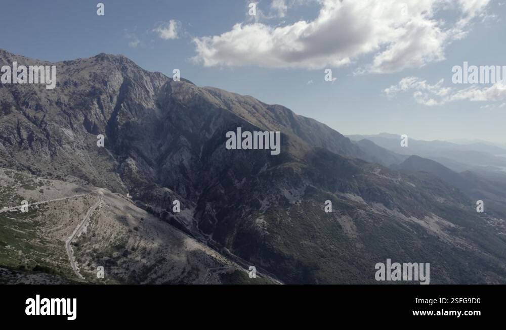 drone video over the Llogara mountain pass on SH8, Albania. Front shot ...