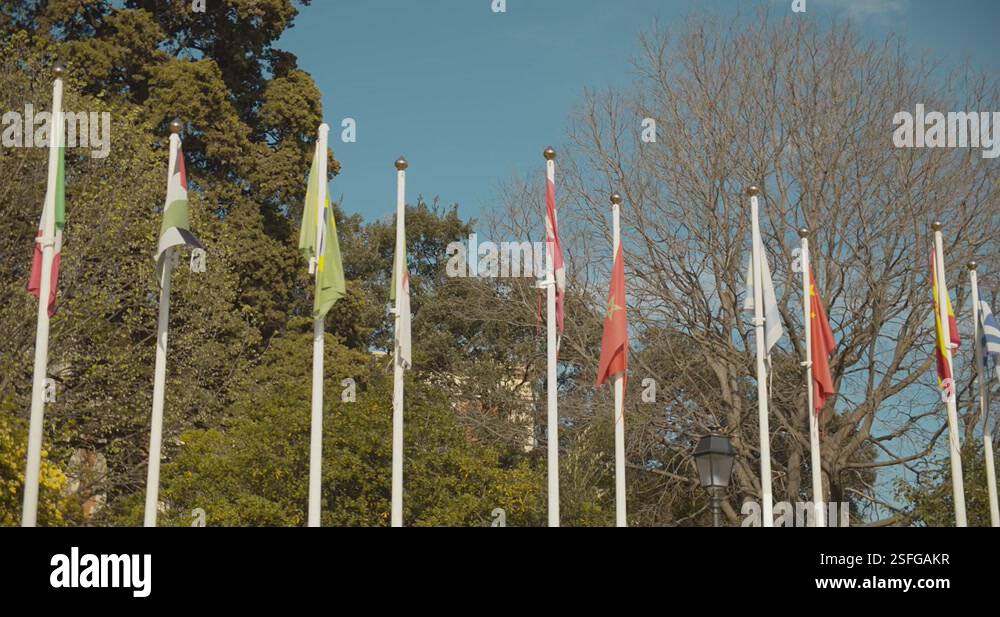 Different flag poles of countries nationalities waving softly under ...