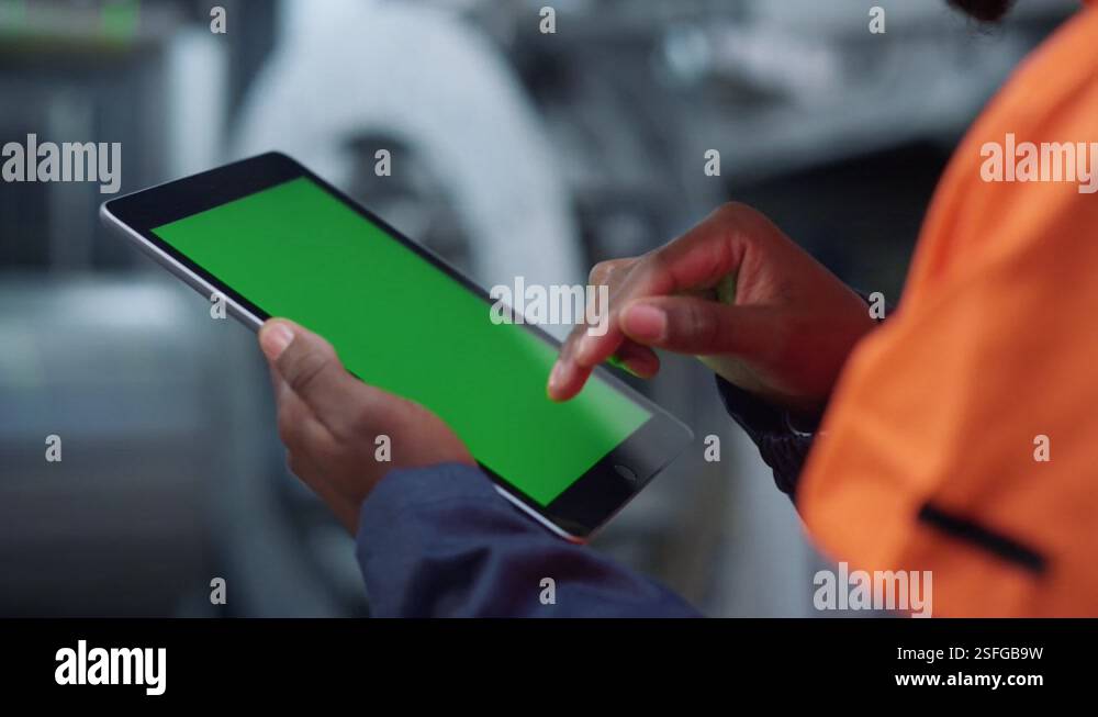 Greenscreen tablet engineer hands at plant closeup. Man surfing mockup ...