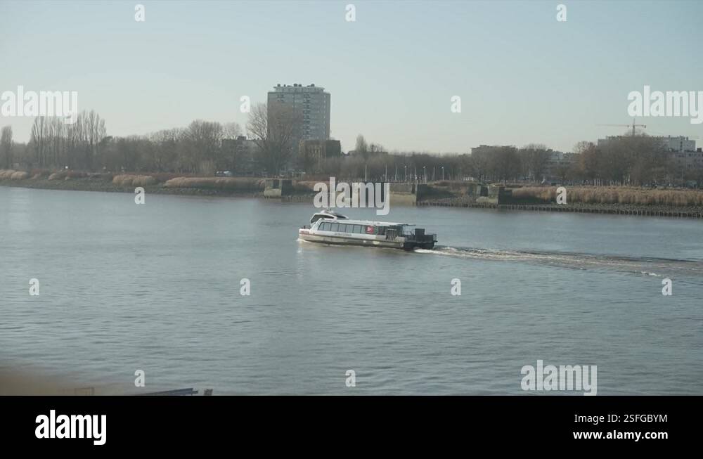 Telephoto Tight shot tourist boat up river in Europe UHD 4k 60p Stock ...