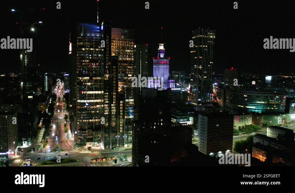 Aerial view of downtown Warsaw, Rondo 1 skyscraper, and Palace of ...