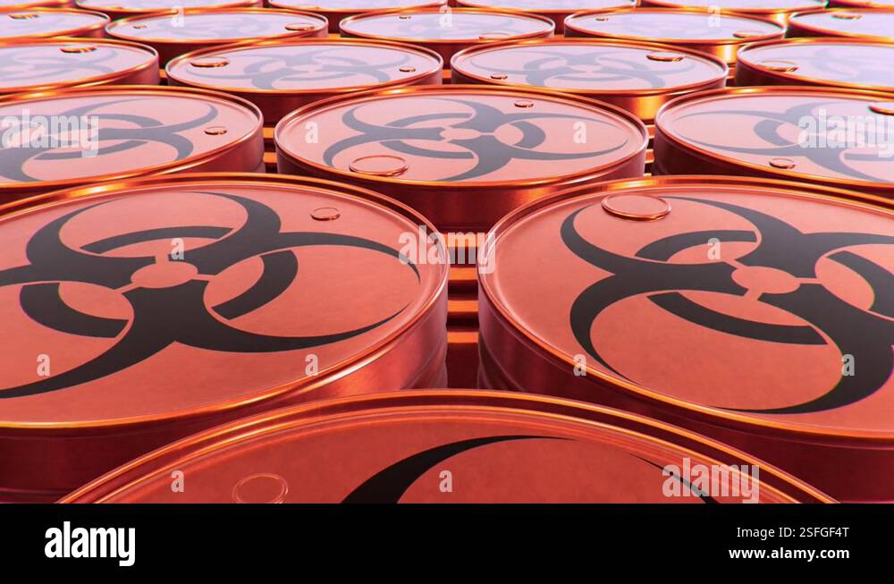 Red toxic waste barrels with Biohazard symbol looping 3D animation ...