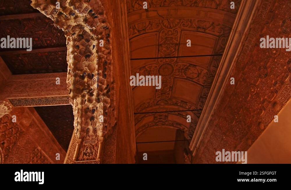 Slow movement over the detailed marble artwork in Nasrid Palaces of ...