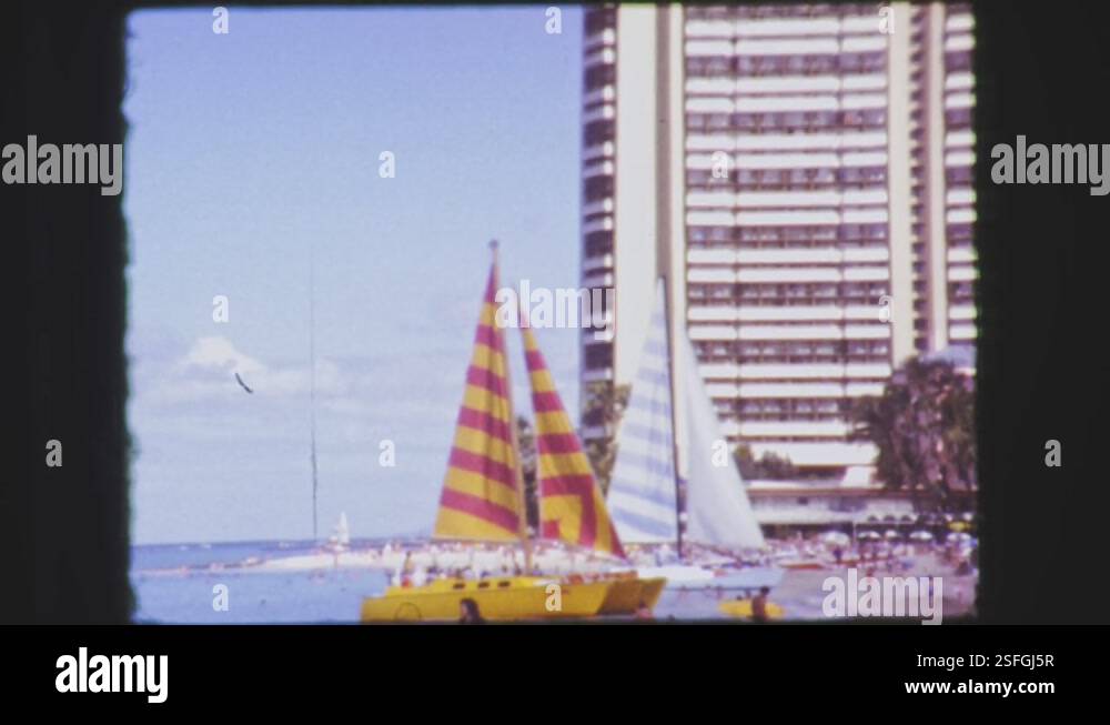 Waikiki Beach in Hawaii circa 1980, sea view of the beach and built up ...