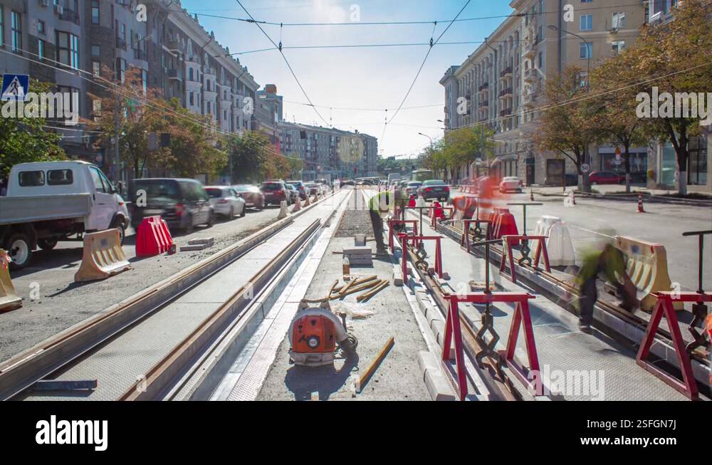 Tram rails at the stage of their installation and integration into ...