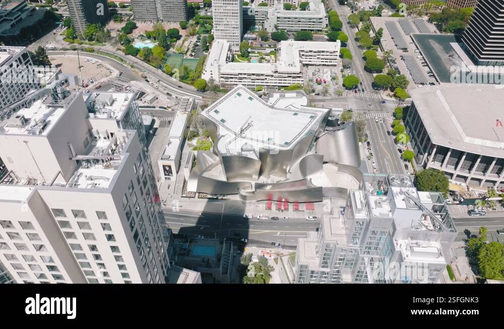 Beautiful overhead aerial of the Walt Disney Concert Hall, downtown Los ...