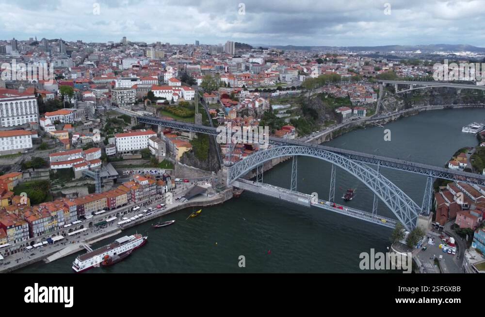 Porto city scene and Dom Luis I bridge. Portugal. Aerial flying ...