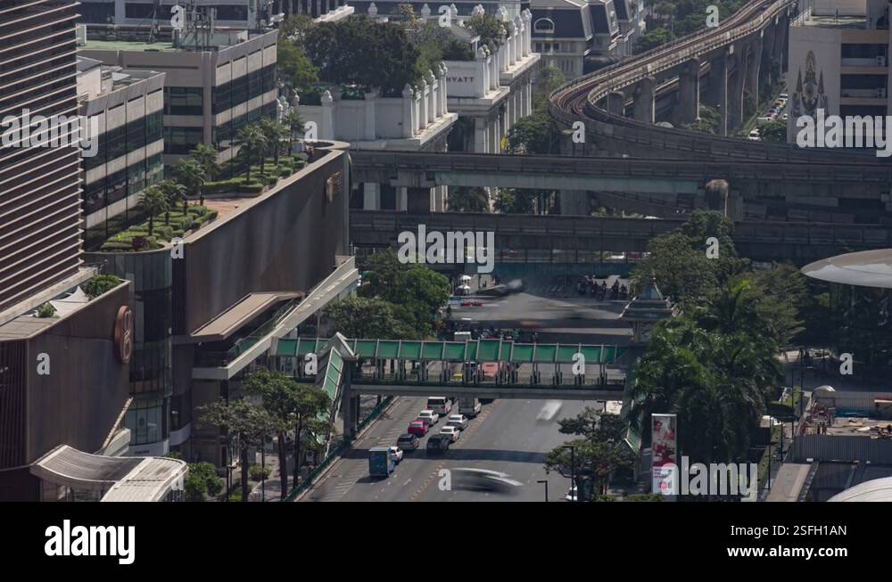 bangkok downtown traffic street metro line rooftop view 4k timelapse ...