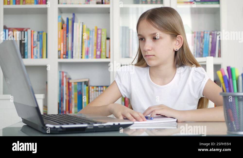 Bored Child Studying on Laptop for School, Sad Girl Working on PC in Office Stock Video Footage ...