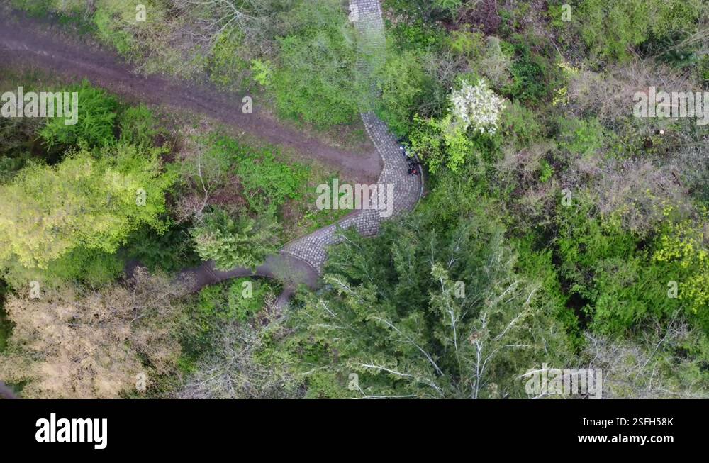 Two people are sitting on path in a park. Unbelievable aerial view ...