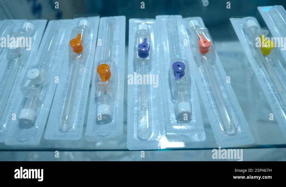 New samples of medical peripheral intravenous catheters Stock Video ...