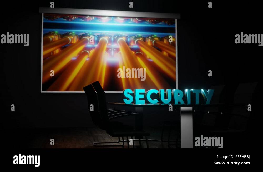 3D security text on boardroom table and internet data server rack Stock ...