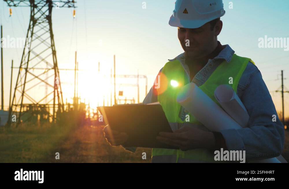 Architect Worker Checking Construction Project On Electric Tower. One ...