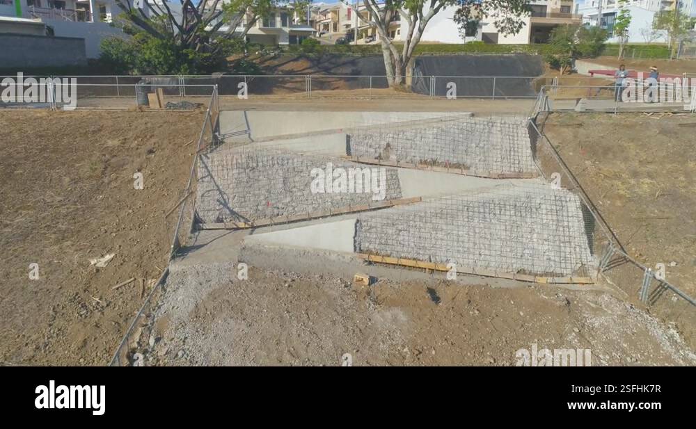 drone shot, cement slab construction, cement mixer truck, cement ramp ...