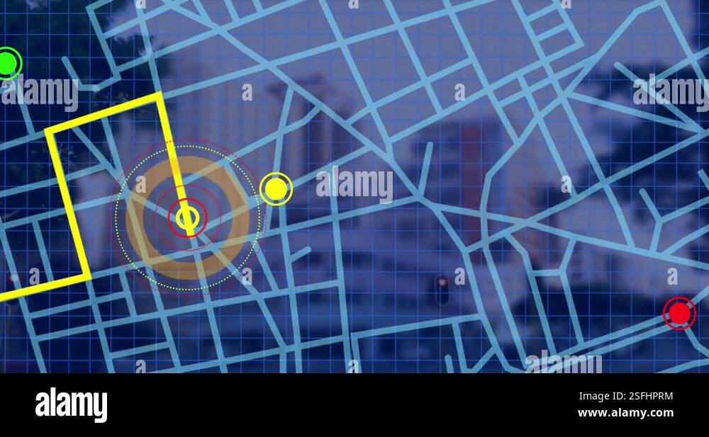 Navigation map line scheme over time-lapse of city traffic in ...