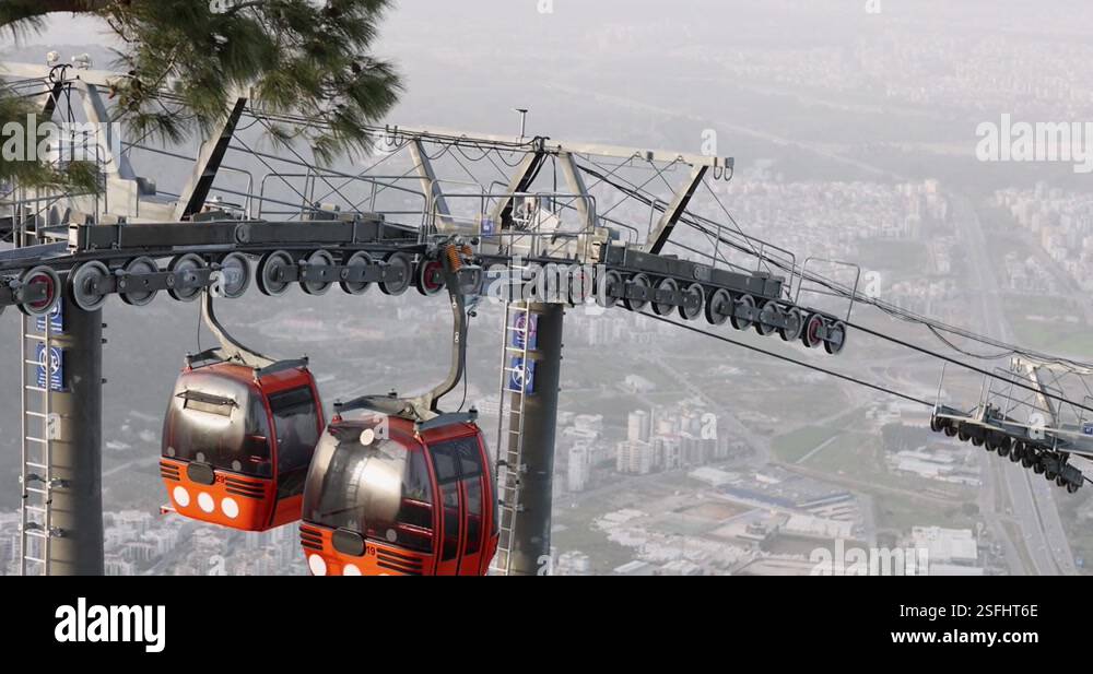 Passenger funicular on railway rails with rope cable closeup Stock ...