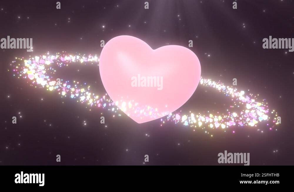 Pink Heart Planet with Mini Love Ring Satellites Orbit in Space Stars ...