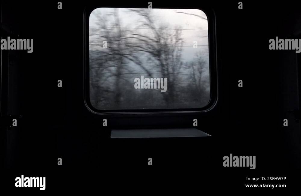 Trees are seen passing a train window from inside a carriage as the ...