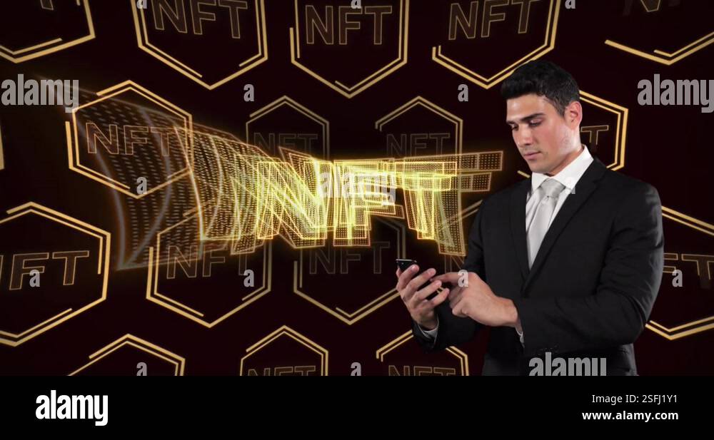 Animation of nft over nft in hexagons over caucasian businessman using ...