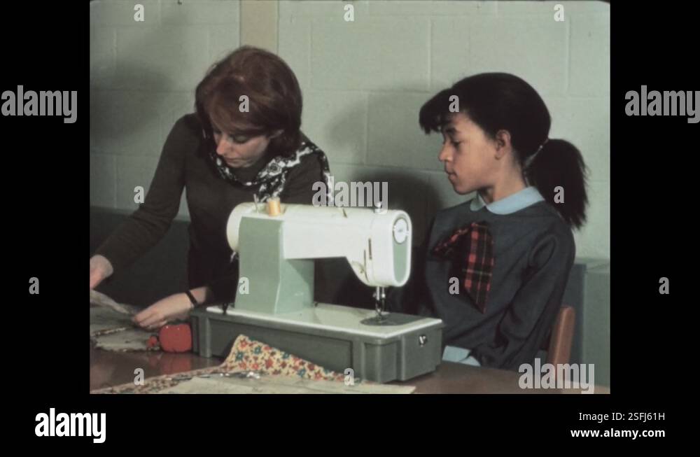 1970s: lady shows girl how to use sewing machine. Lady sorts through ...