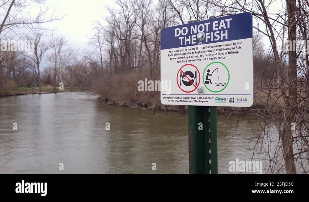 Coastal sign forbids to eat fish from local river due to industrial ...