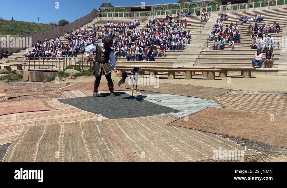 Medieval Arab actor in an open-air performance with a secretary bird ...
