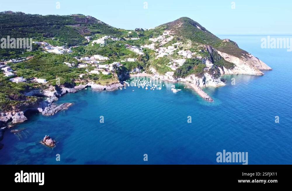 Aerial view of the island of Ponza and its crystal clear sea. Lazio ...