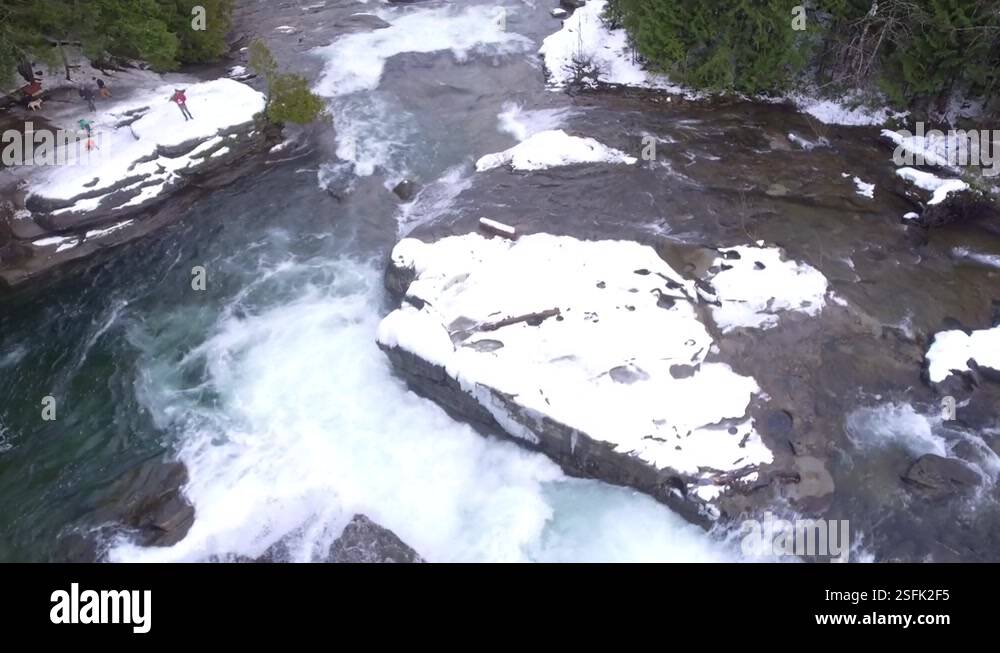 Close Aerial of the Puntledge River, Nymph Falls in beautiful British ...