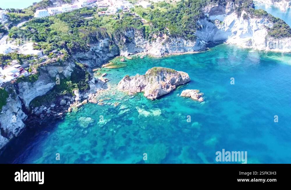 Aerial view of the island of Ponza and its crystal clear sea. Lazio ...