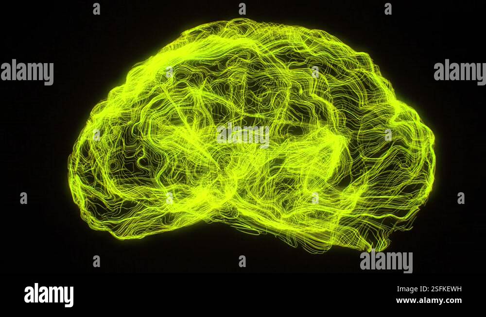 Illuminated neon yellow rotation human brain grid big data flow connection Stock Video Footage ...