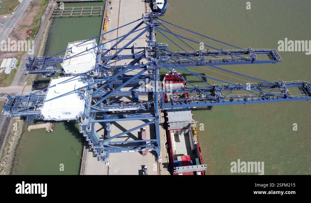 Birds eye view quay cranes London Thamesport,Container port river ...