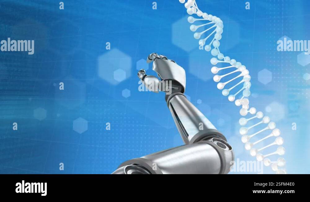 Animation of dna strand spinning and data processing with robot's arm over grid Stock Video ...