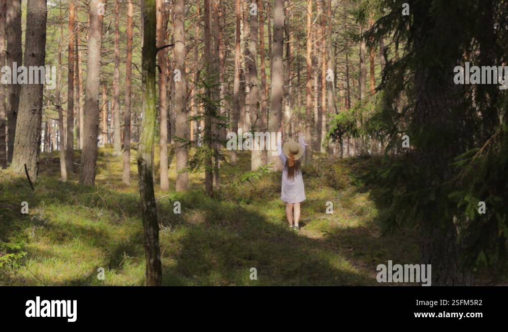 Woman waving at trees, love for nature, walking on peaceful forest, day ...