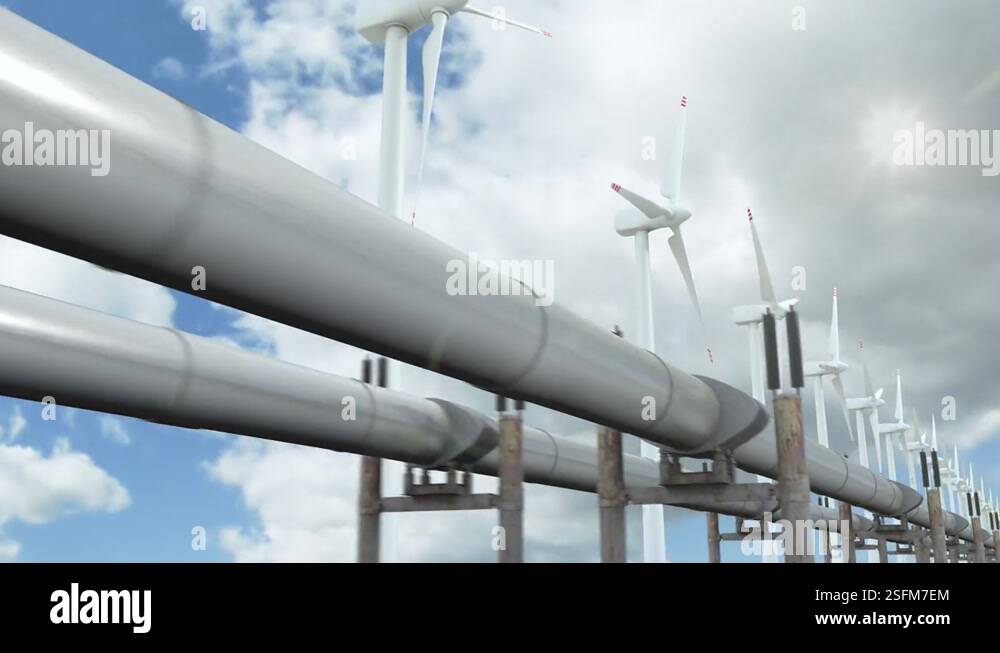 Moving along gas main pipeline and spinning wind turbines on the ...