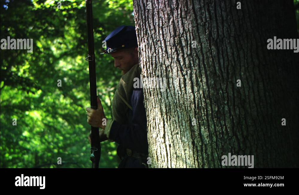 Civil War Union Soldier Re-enactor FIRES his Springfield rifle musket ...