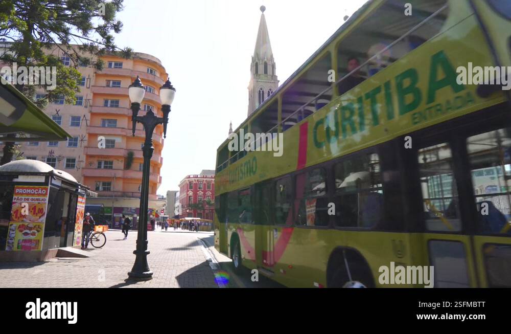 Tourist bus stop in front of historic cathedral in Curitiba Brazil ...