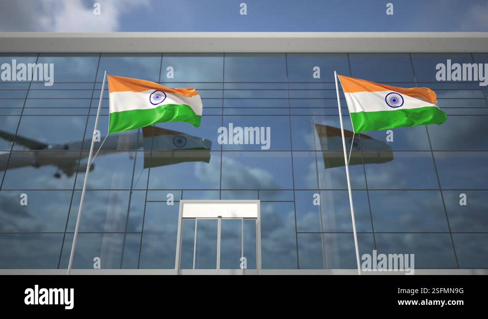 Flags of India in the airport and taking off commercial plane. 3D ...