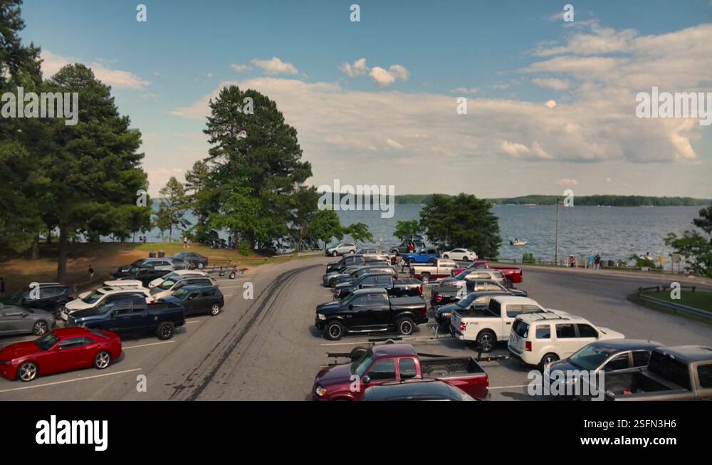 Aerial view of busy Tidwell Park Boat Launch at Lake Lanier in Georgia ...