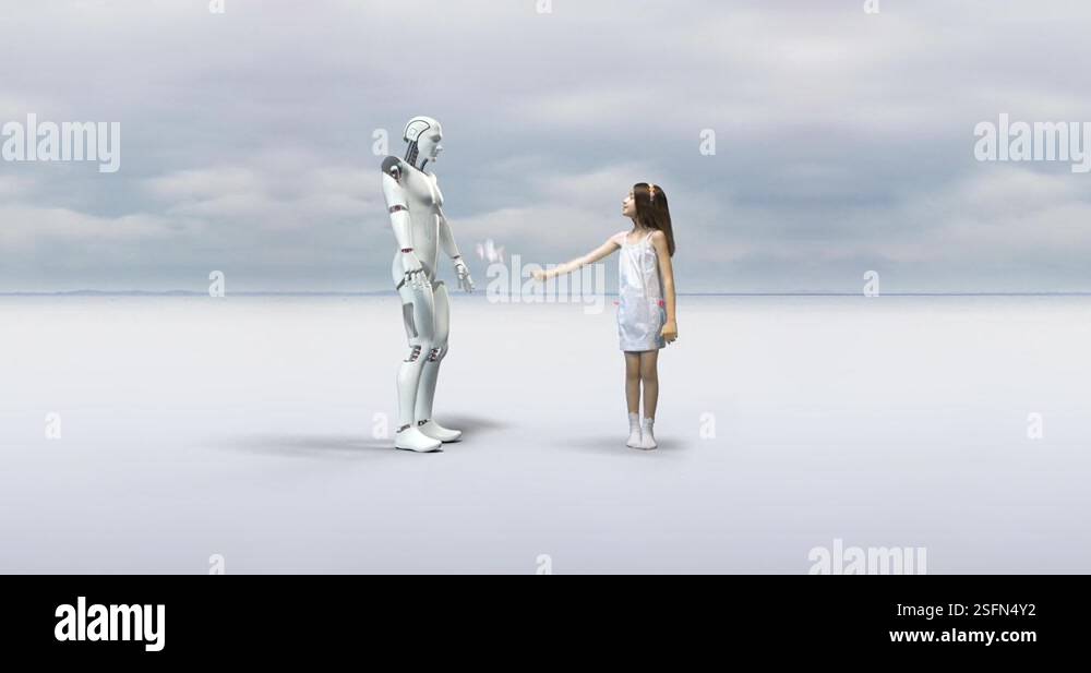 AI Robot Bowing And Obeying To A Small Human Being Stock Video Footage ...