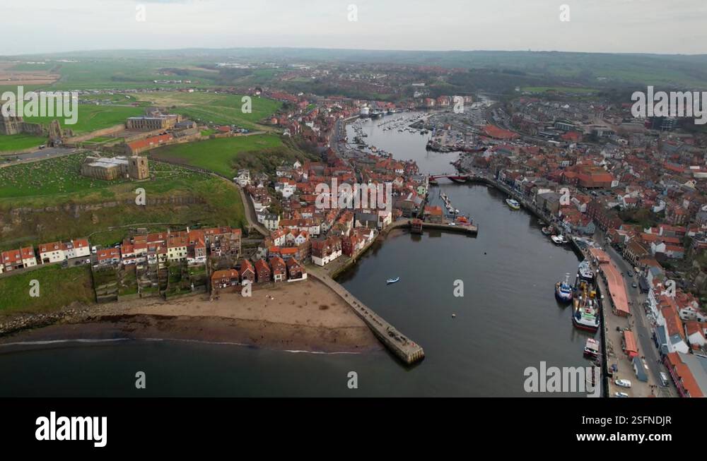 Aerial ultra wide view of Whitby harbor in Whitby, North Yorkshire ...