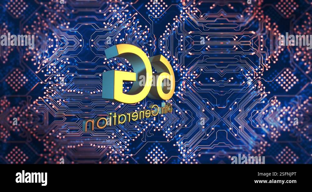 Digital animation of 6g text banner spinning against microprocessor ...