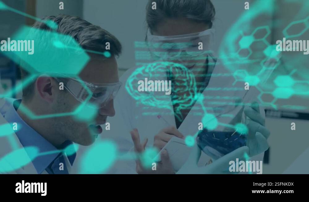 Animation of science data processing over two caucasian scientists in ...