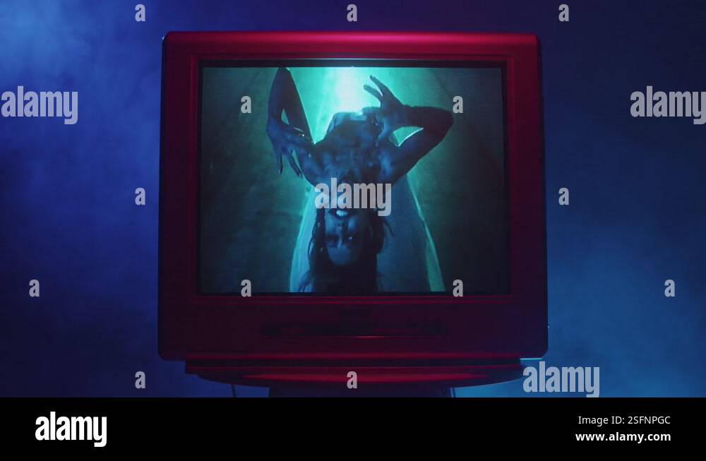 Horror film. Old tv screen with zombie woman close-up. Creepy dead ...