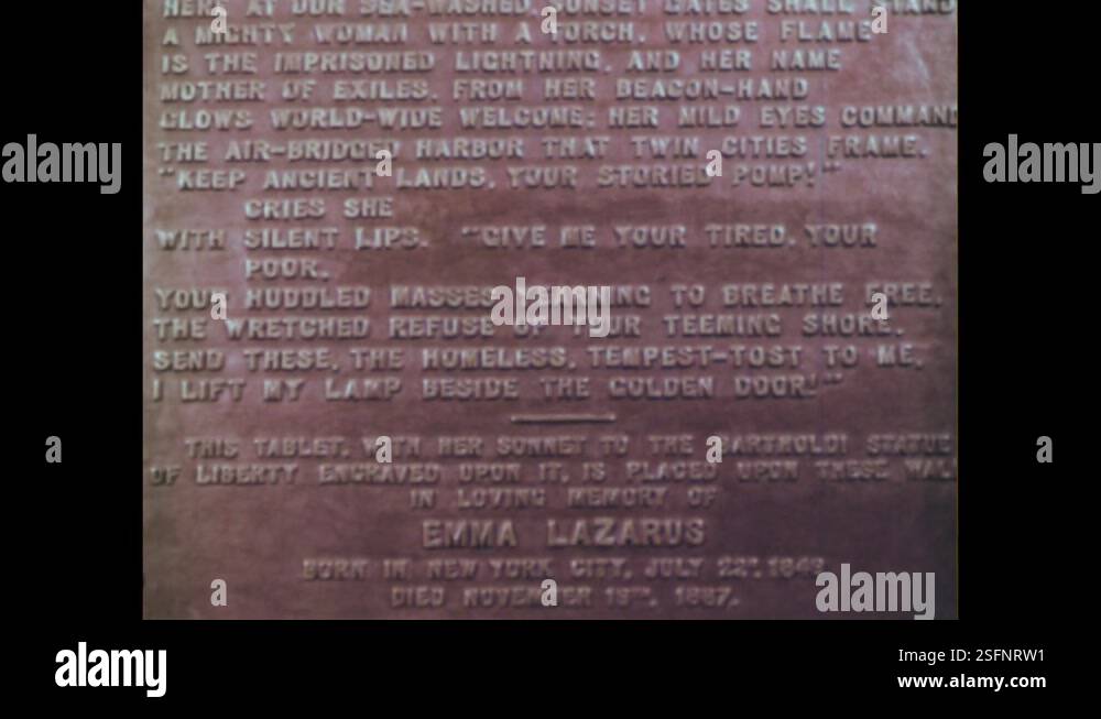 1960s: Plaque of Emma Lazarus poem The New Colossus. View of Statue of ...