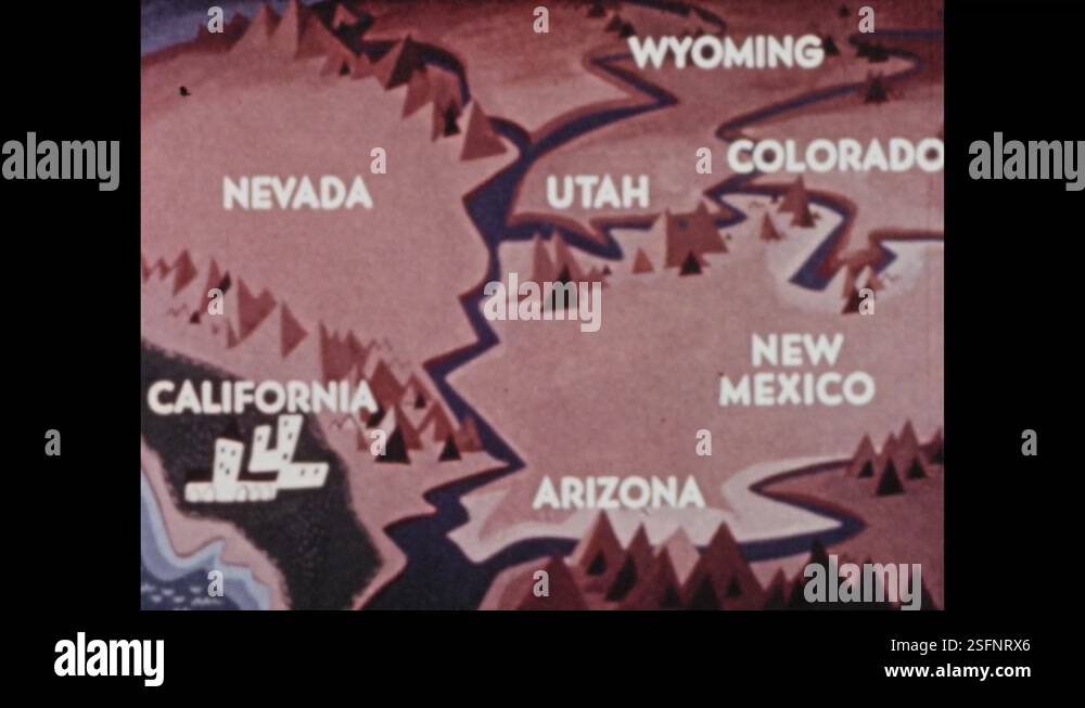 1960s: Drawing, map, Colorado River, surrounding states, mountains ...