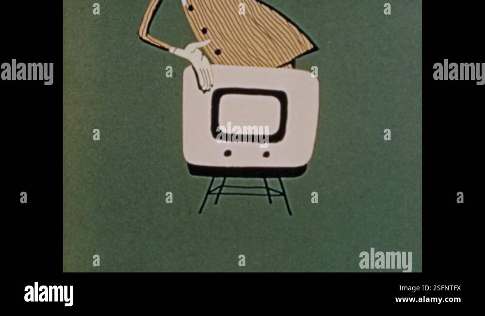 1950s: angry crumpled dollar, TV set, man and woman carry TV set as ...