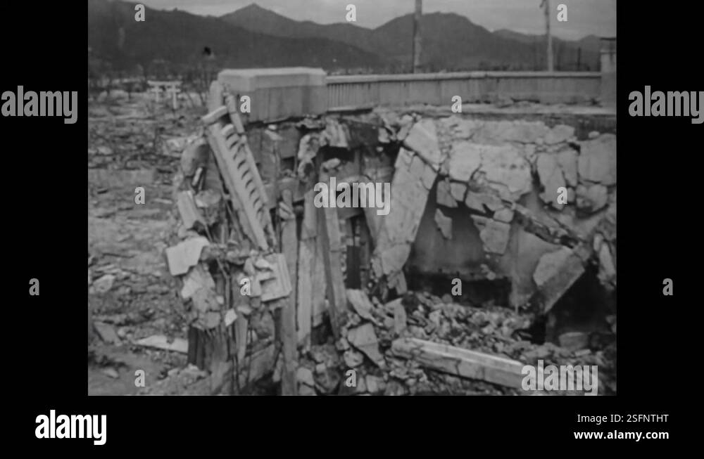 Japan 1940s: Collapsed building. Iron beams in a collapsed building ...